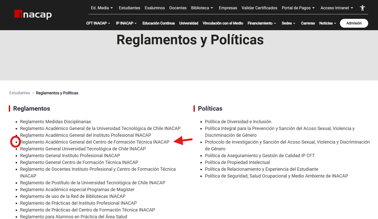 Dónde revisar las Políticas y Reglamentos en la intranet INACAP ...